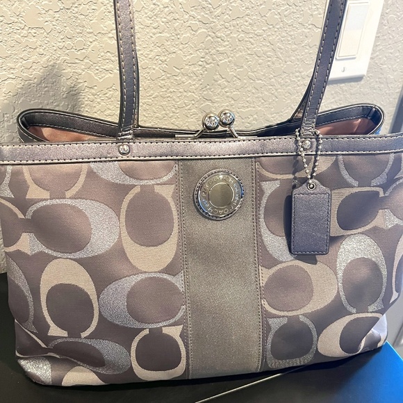 Coach | Bags | Coach Gray Metallic Satchel With Leather Trim | Poshmark